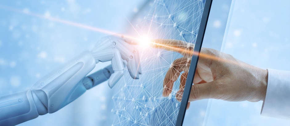 Hands of robot and human touching on global virtual network connection ...